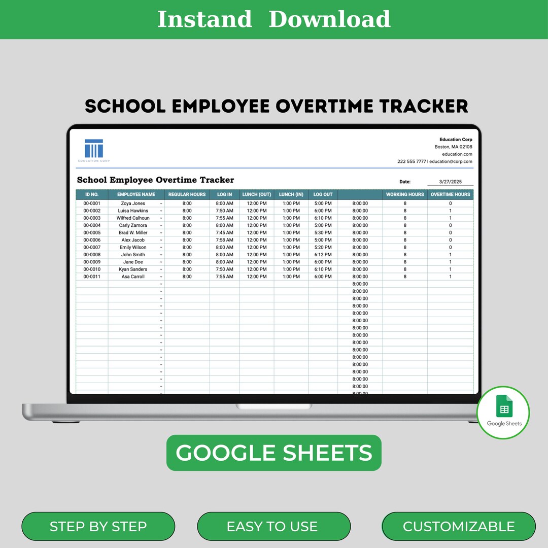 School Employee Overtime Tracker, Teacher Extra Hours Log, Staff ...