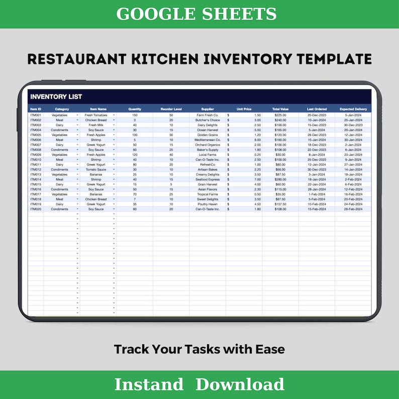 Restaurant Kitchen Inventory Template, Digital Download, Editable ...