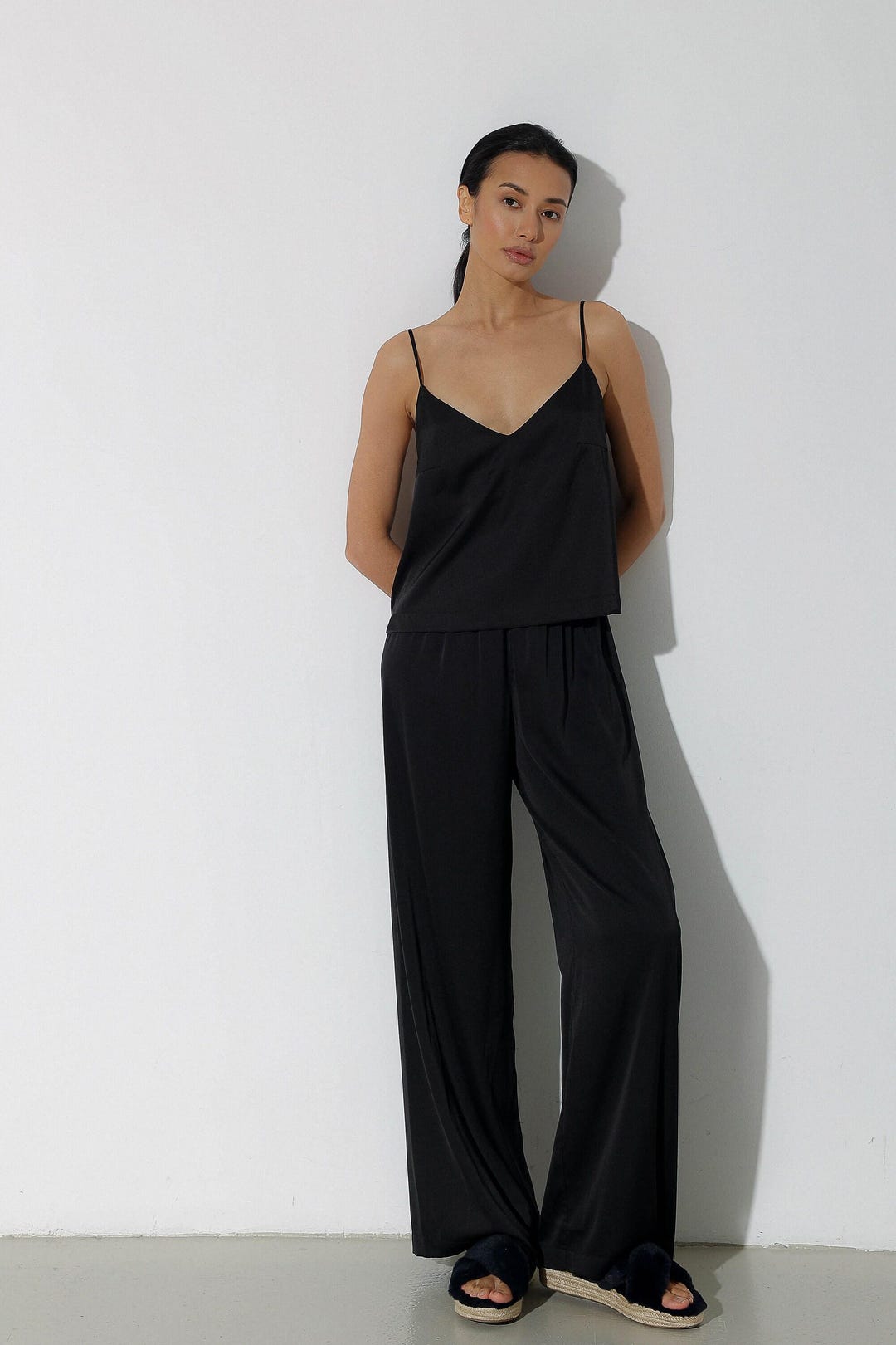 Black Satin Pajamas Set of Top and Long Pants - Etsy