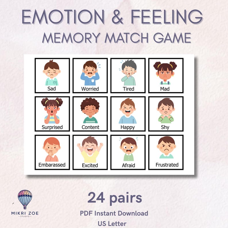 Memory Game - Feelings and Emotions - Kids Printable Memory Matching ...