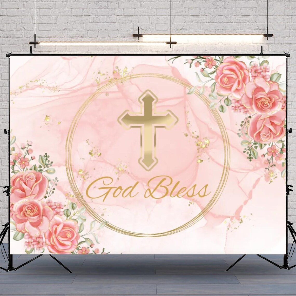 God Bless Pink Rose Floral Photography Backdrop Cross Picture Backdrop ...