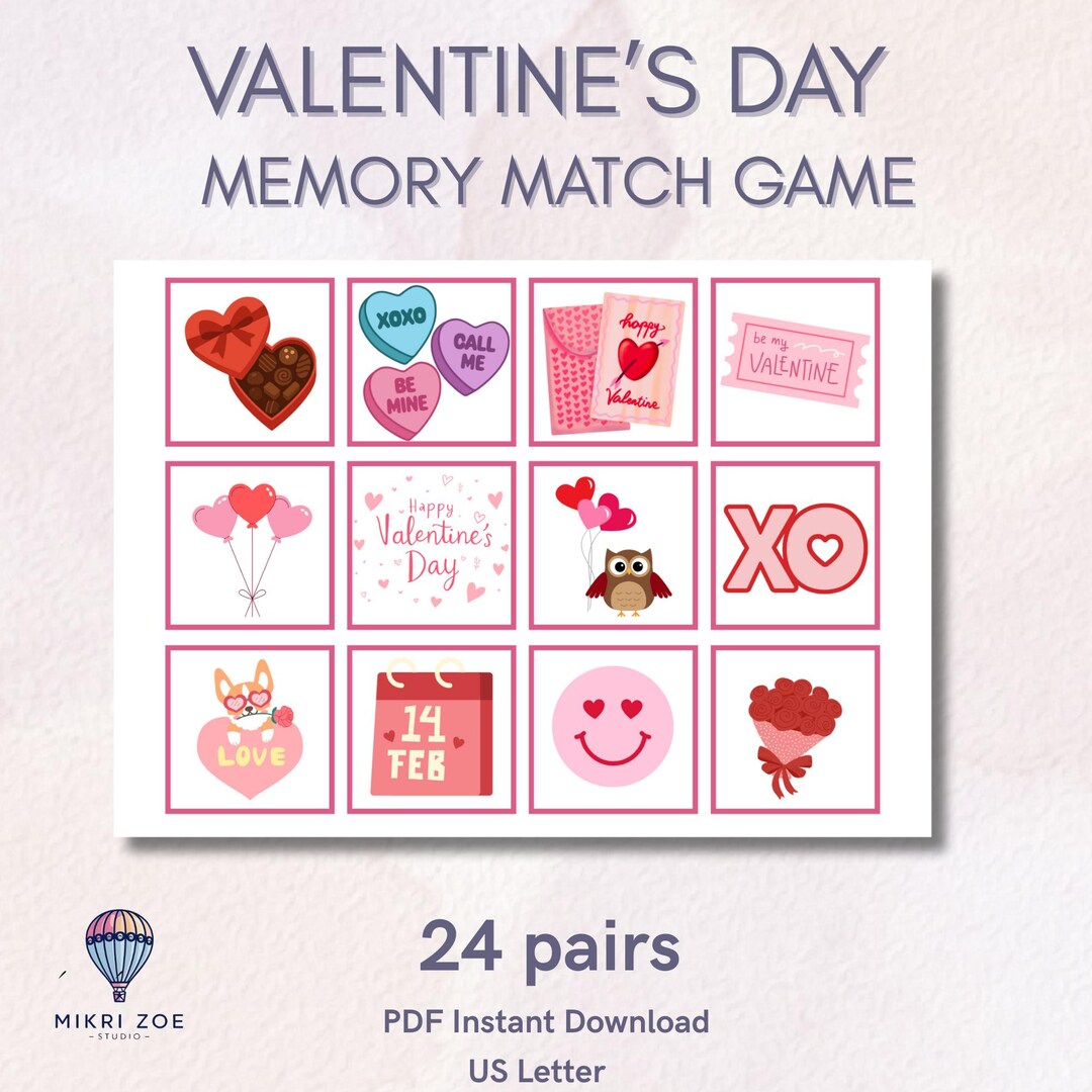 Valentine's Day Memory Match Game – Kids Printable Activity (digital ...