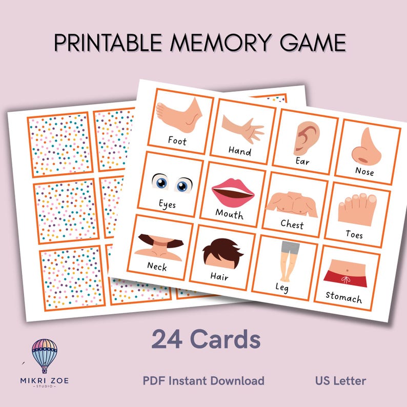 Memory Game in English - Body Parts: Kids Printable Matching Card Game ...