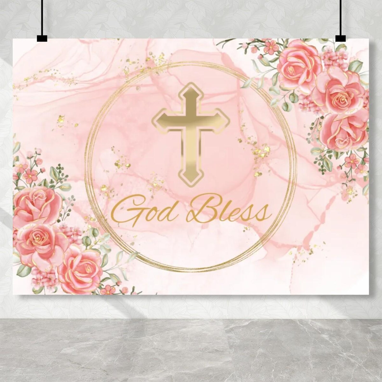 God Bless Pink Rose Floral Photography Backdrop Cross Picture Backdrop ...