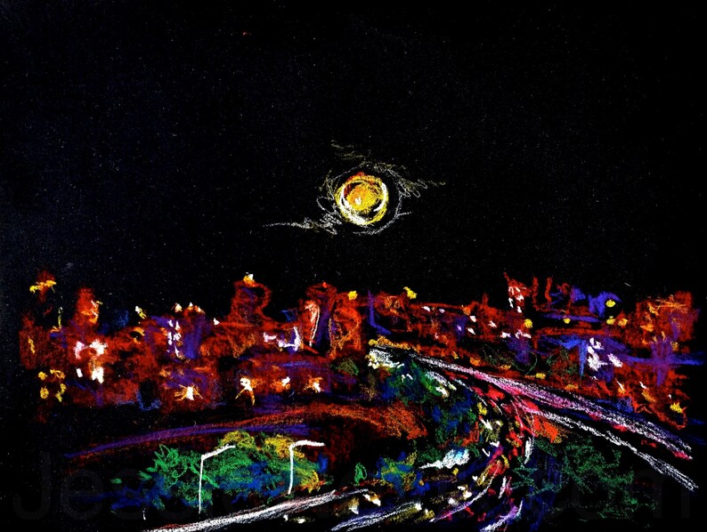 Moonlit City, Fine Art Print of Oil Pastel Drawing From Brooklyn ...