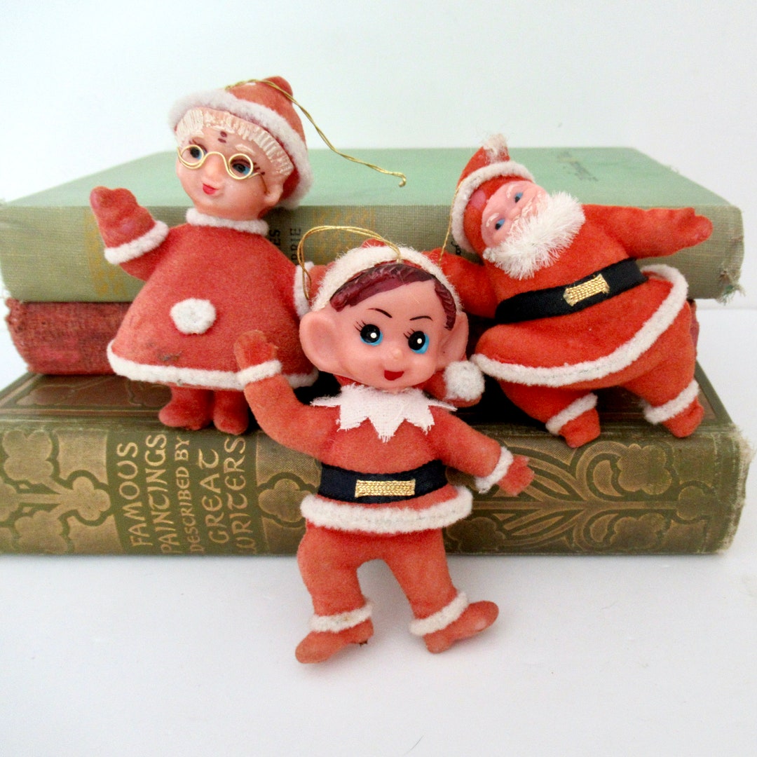 Vintage Flocked Santa Mrs Claus and Elf Christmas Ornaments - Etsy