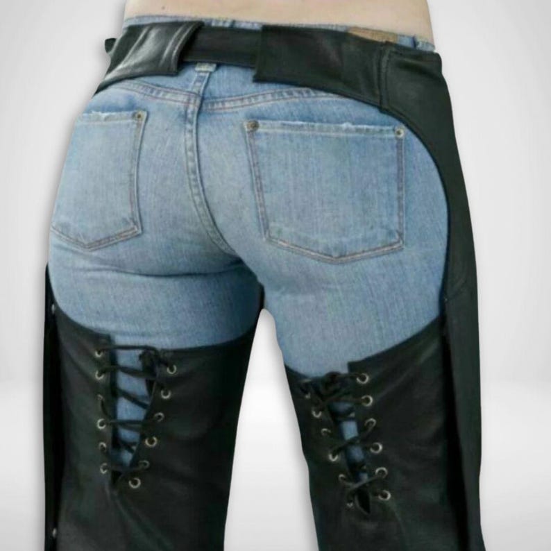 Black Leather Chaps With Adjustable Waist Belt Premium Back Lace Detail ...
