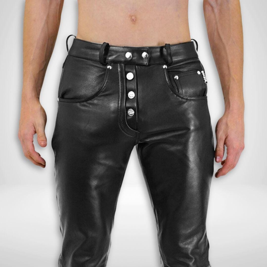 Mens Black Leather Pants With Button Placket Closure Lined for Comfort ...