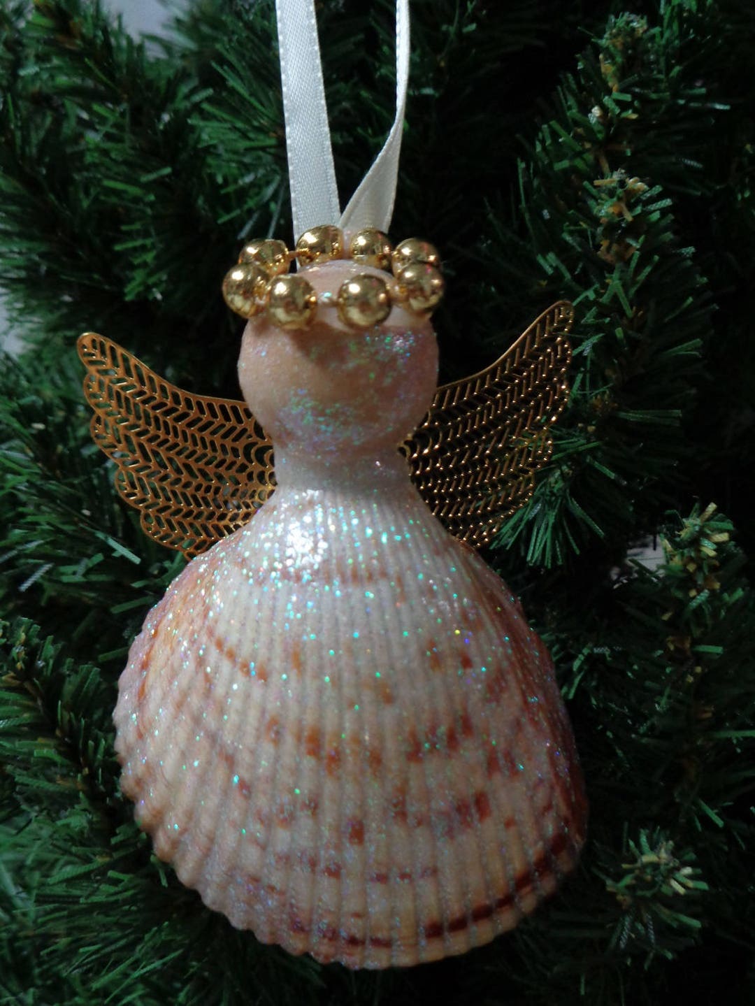 Medium Iridescent Heart Cockle Shell Angel Christmas Tree Ornament ...