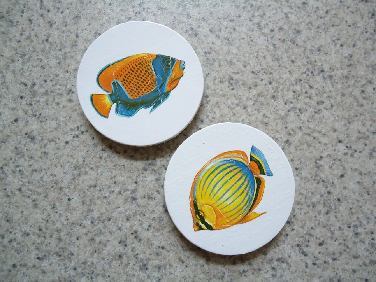 Set of 2 Fish on White Wood Circle Magnets - Kitchen Decor - Etsy