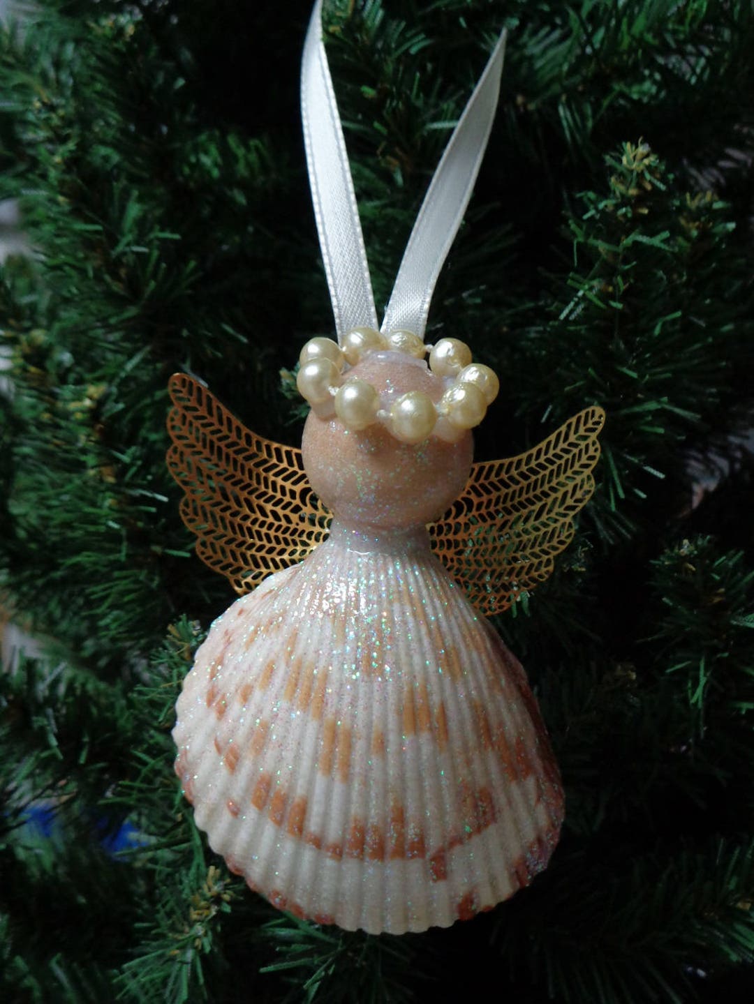 Medium Iridescent Heart Cockle Shell Angel Christmas Tree Ornament ...