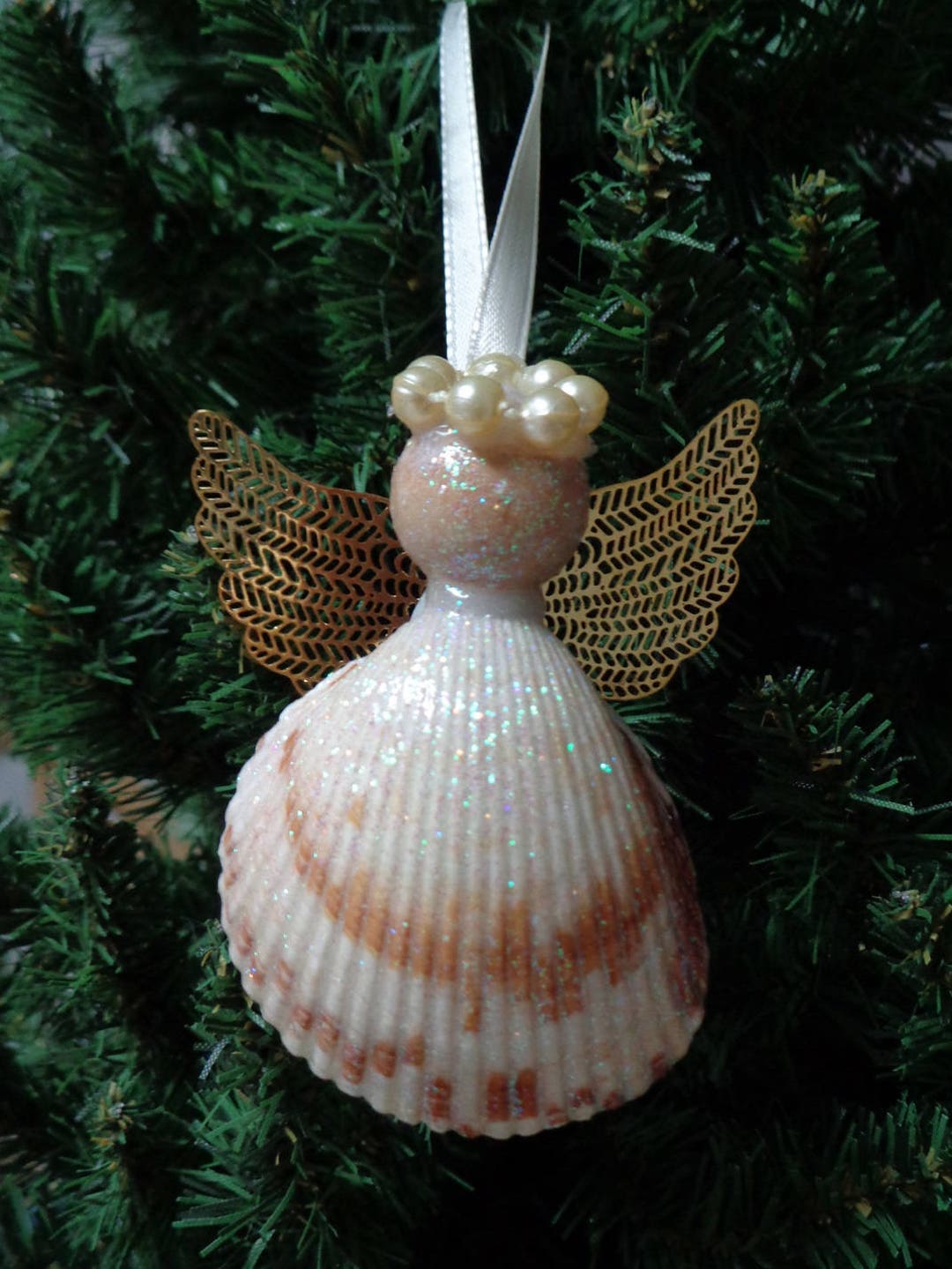 Medium Iridescent Heart Cockle Shell Angel Christmas Tree Ornament ...