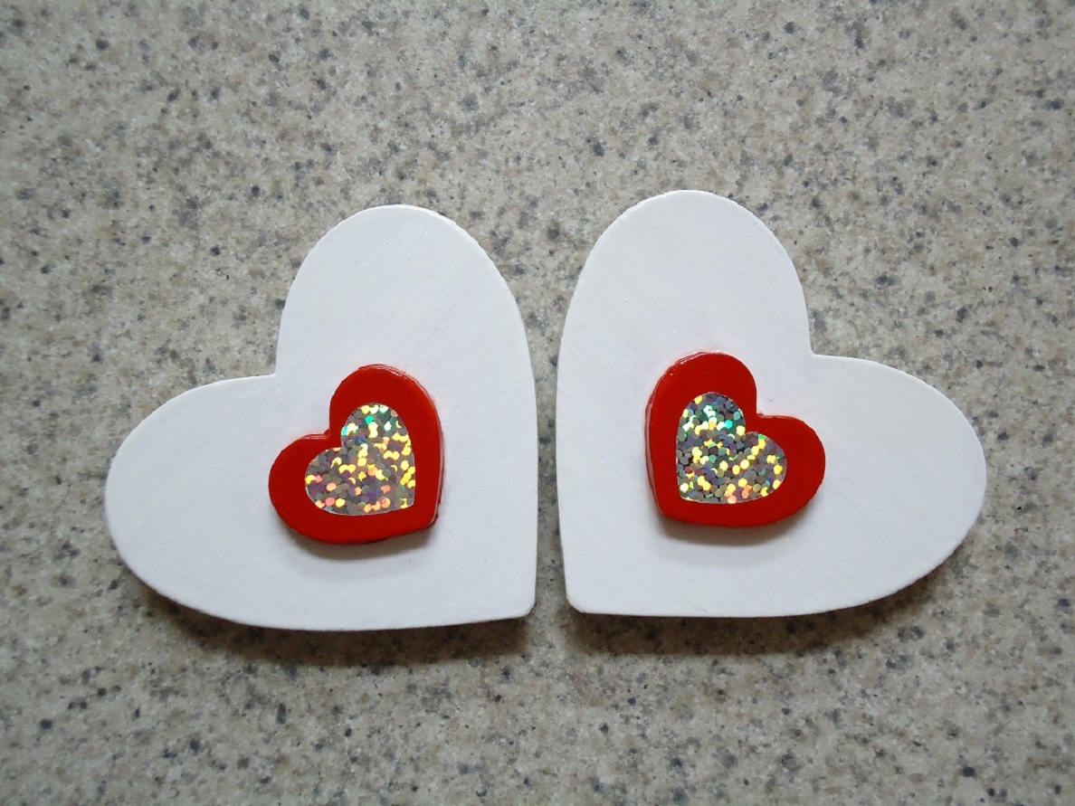 Set of 2 Silver Holographic Hearts on Red and White, Wood Heart Magnets ...