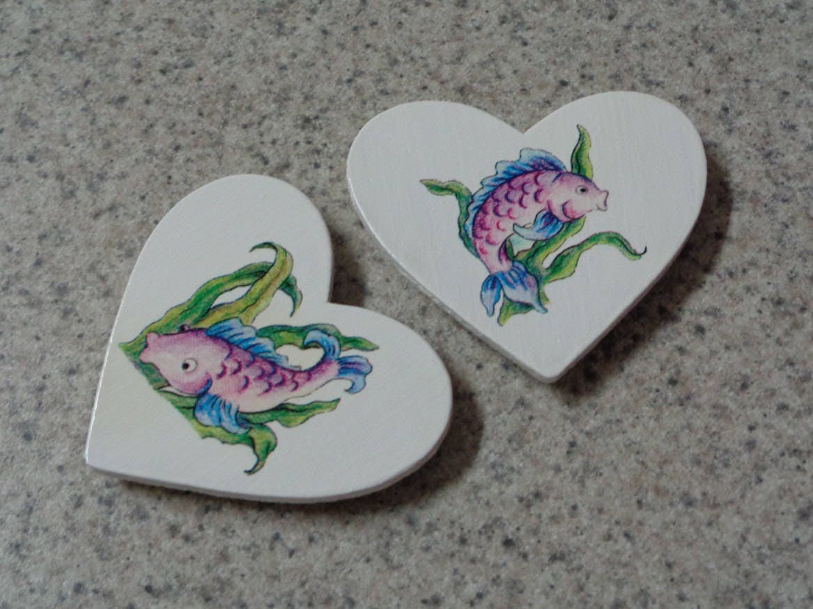 Set of 2 Colorful Fish on White Wood Heart Magnets - Home Interior ...