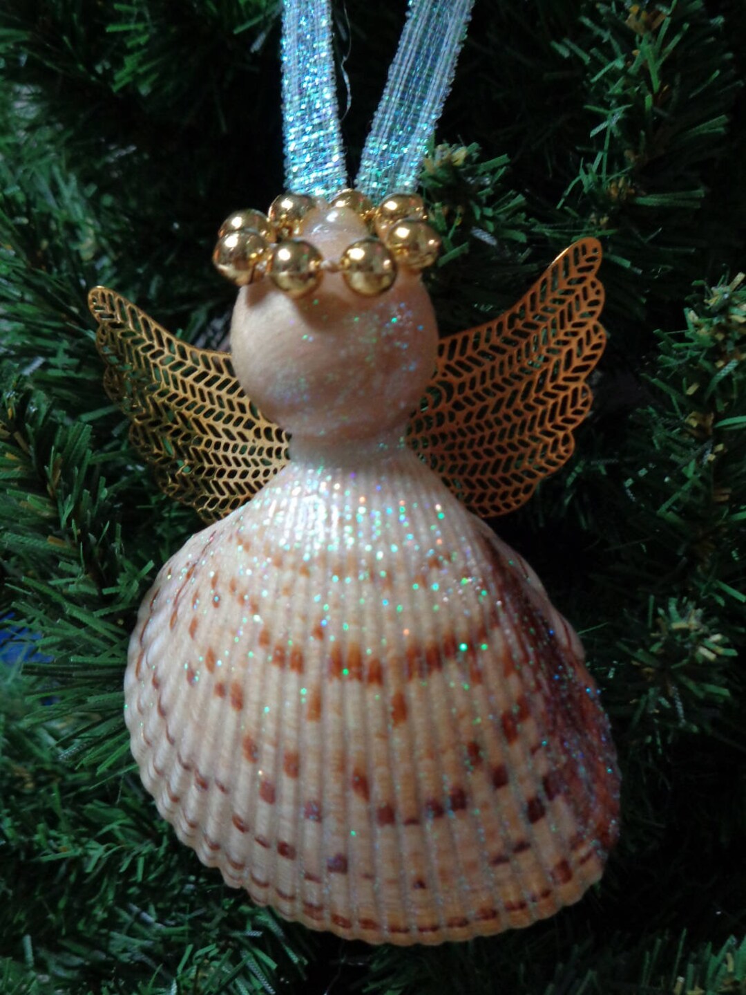 Medium Iridescent Heart Cockle Shell Angel Christmas Tree Ornament ...
