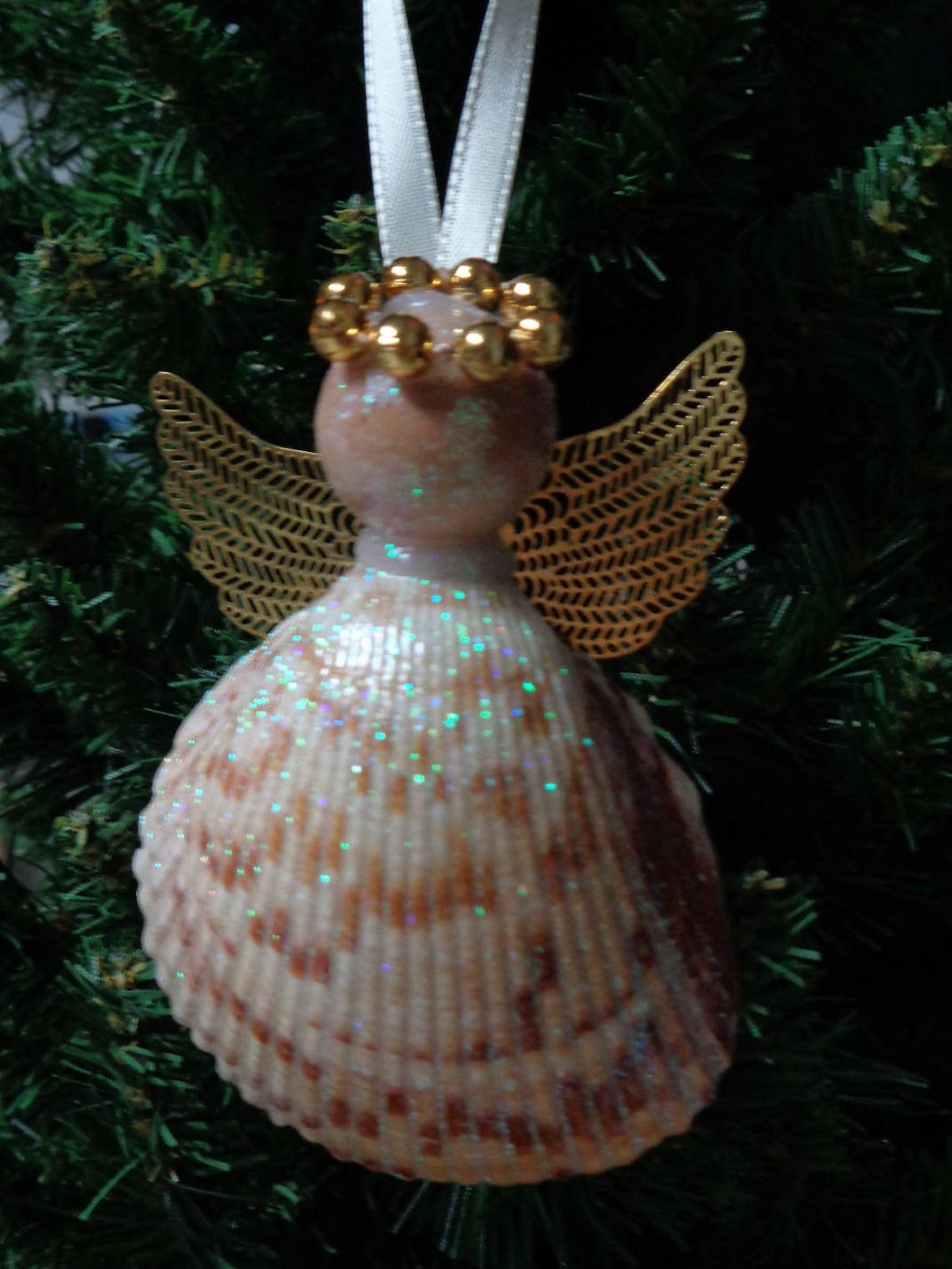 Medium Iridescent Heart Cockle Shell Angel Christmas Tree Ornament ...