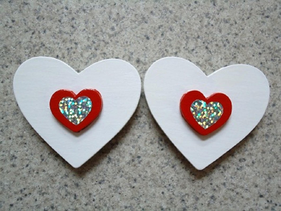 Set of 2 Silver Holographic Hearts on Red and White Wood | Etsy