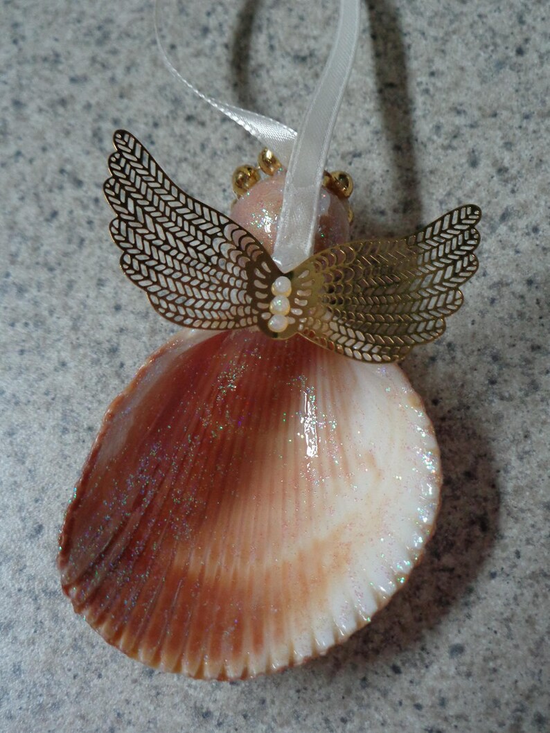 Medium Iridescent Heart Cockle Shell Angel Christmas Tree Ornament ...
