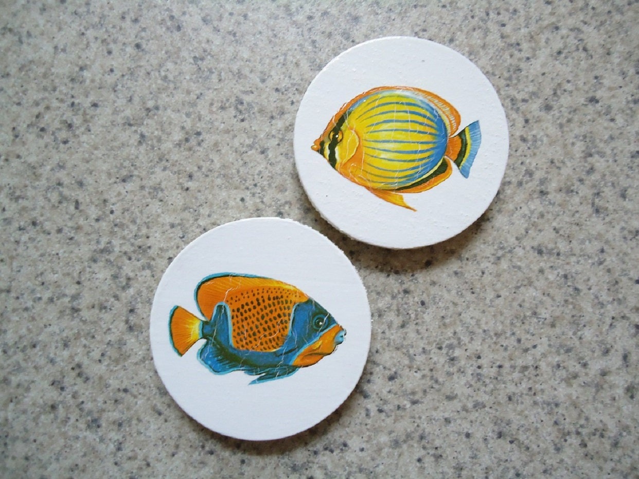 Set of 2 Fish on White Wood Circle Magnets - Kitchen Decor - Etsy
