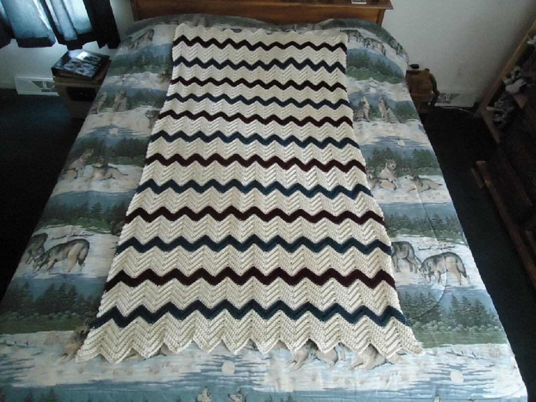 Off White, Claret , Cape Cod Blue Hand Crocheted Ripple Afghan, Blanket ...