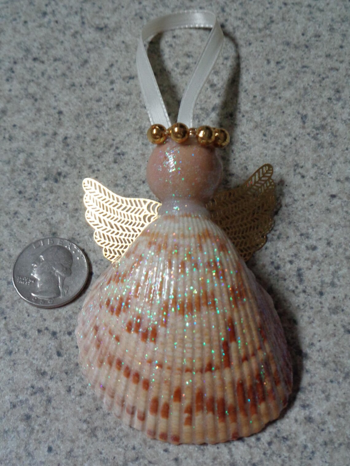 Medium Iridescent Heart Cockle Shell Angel Christmas Tree Ornament ...