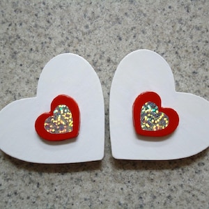 Set of 2 Silver Holographic Hearts on Red and White, Wood Heart Magnets ...
