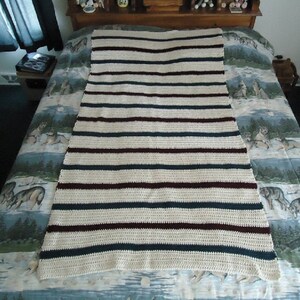 Off White, Claret and Cape Cod Blue Hand Crocheted Stripes Afghan ...