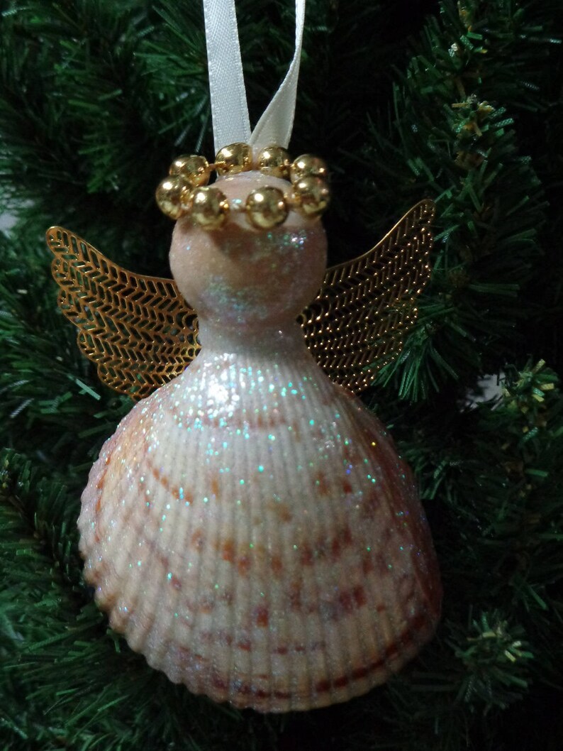 Medium Iridescent Heart Cockle Shell Angel Christmas Tree Ornament ...