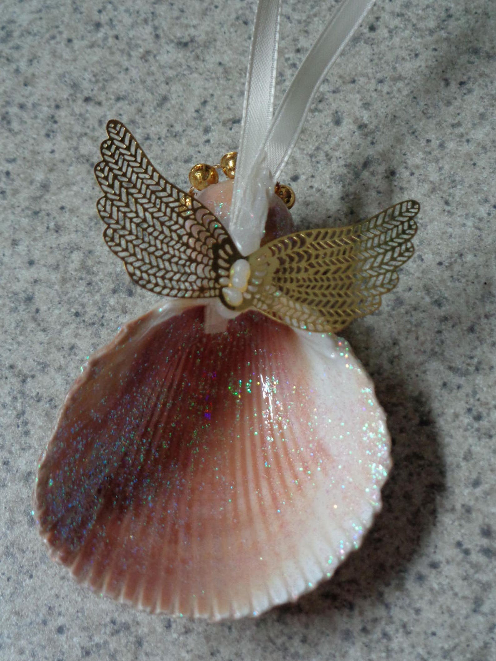 Medium Iridescent Heart Cockle Shell Angel Christmas Tree Ornament ...