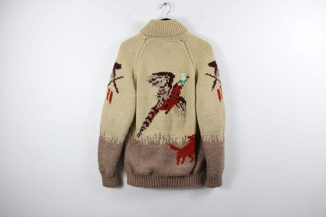 Vintage Cowichan Sweater Turkey Hunting Graphic Hand Knit Wool Cardigan ...
