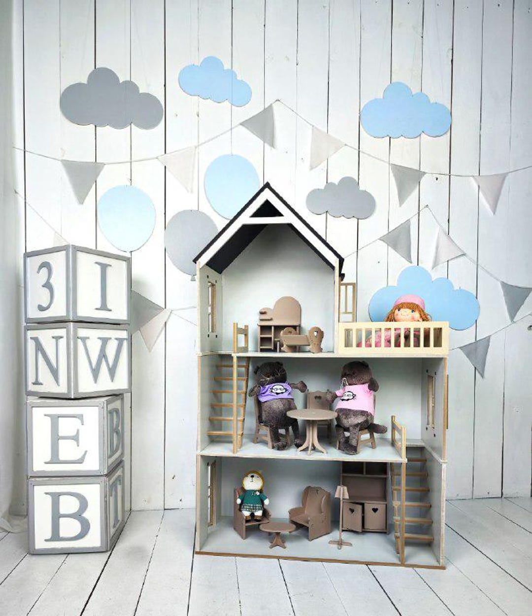 Adorable Big Gray Dollhouse With Balcony, Doll House for Kids, Perfect ...