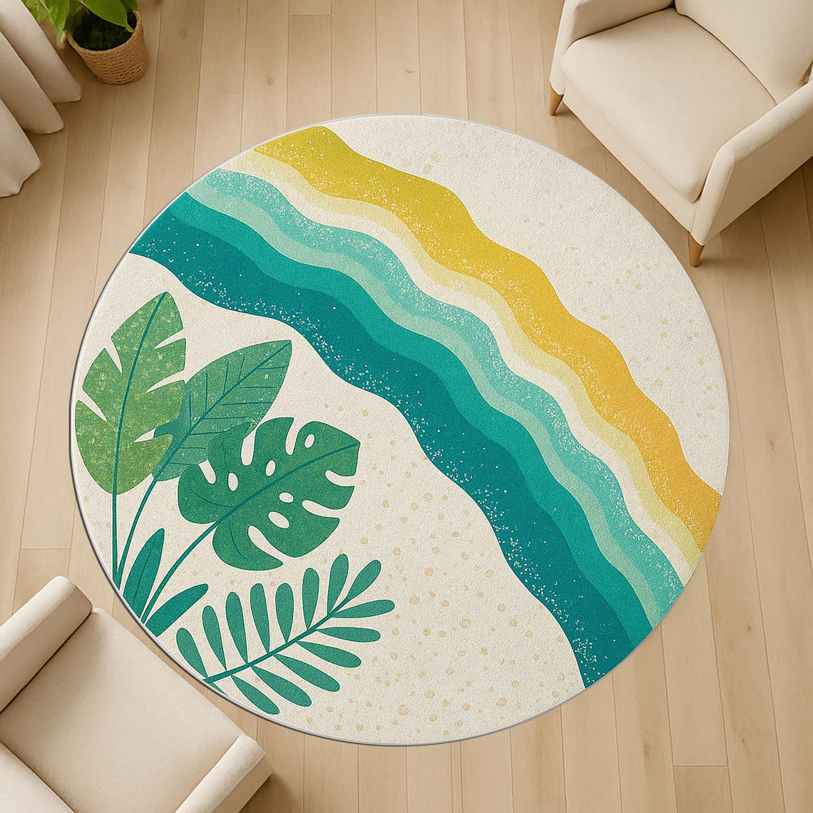 Tropical Round Rug, Beach Theme Area Carpet, Jungle Leaf Circle Mat ...