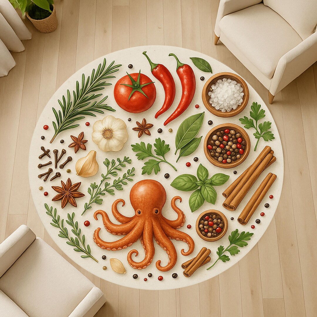 Mediterranean Kitchen Rug, Round Food Theme Rug With Octopus, Herbs and ...