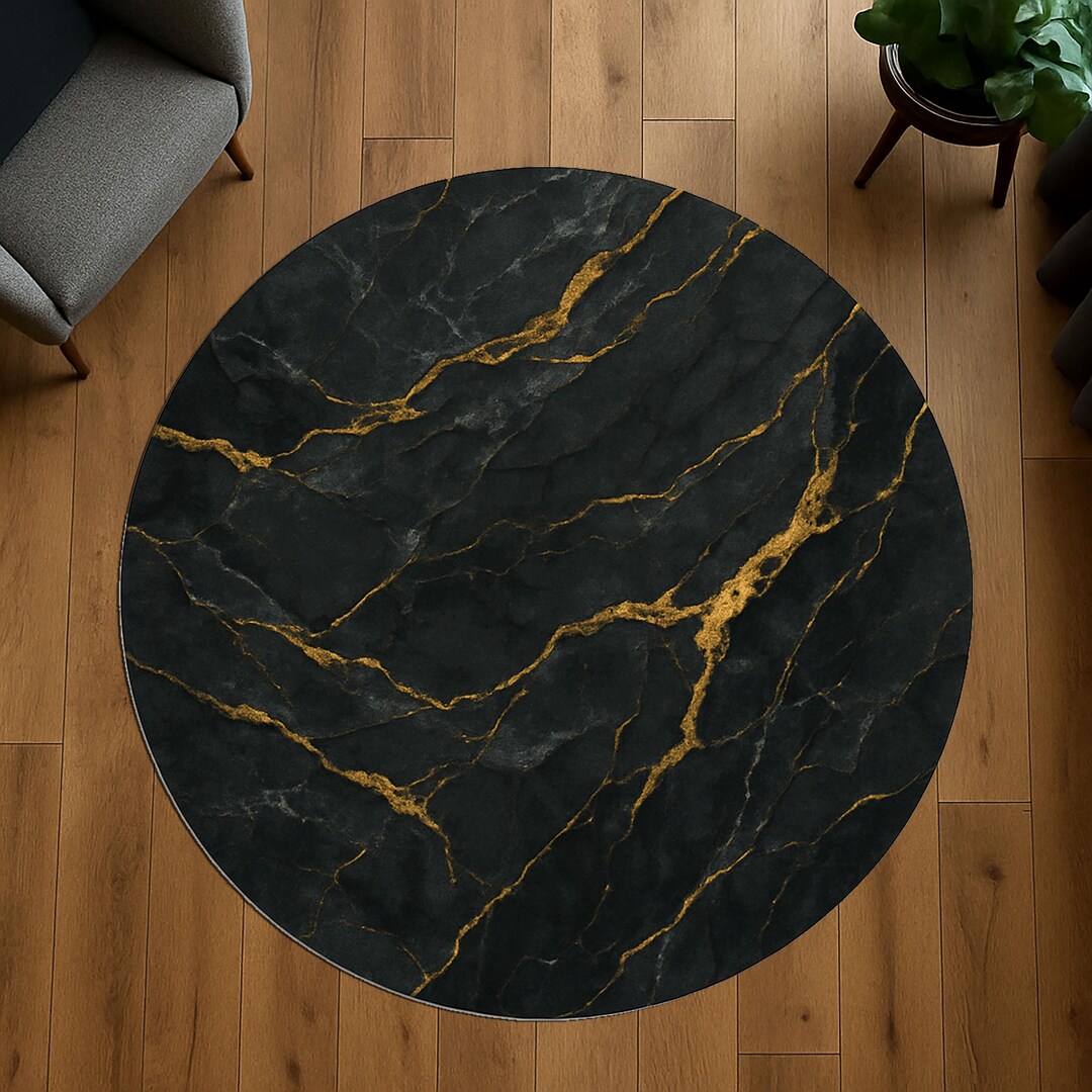 Luxury Black Marble Rug, Round Gold Vein Carpet, Modern Abstract Stone ...