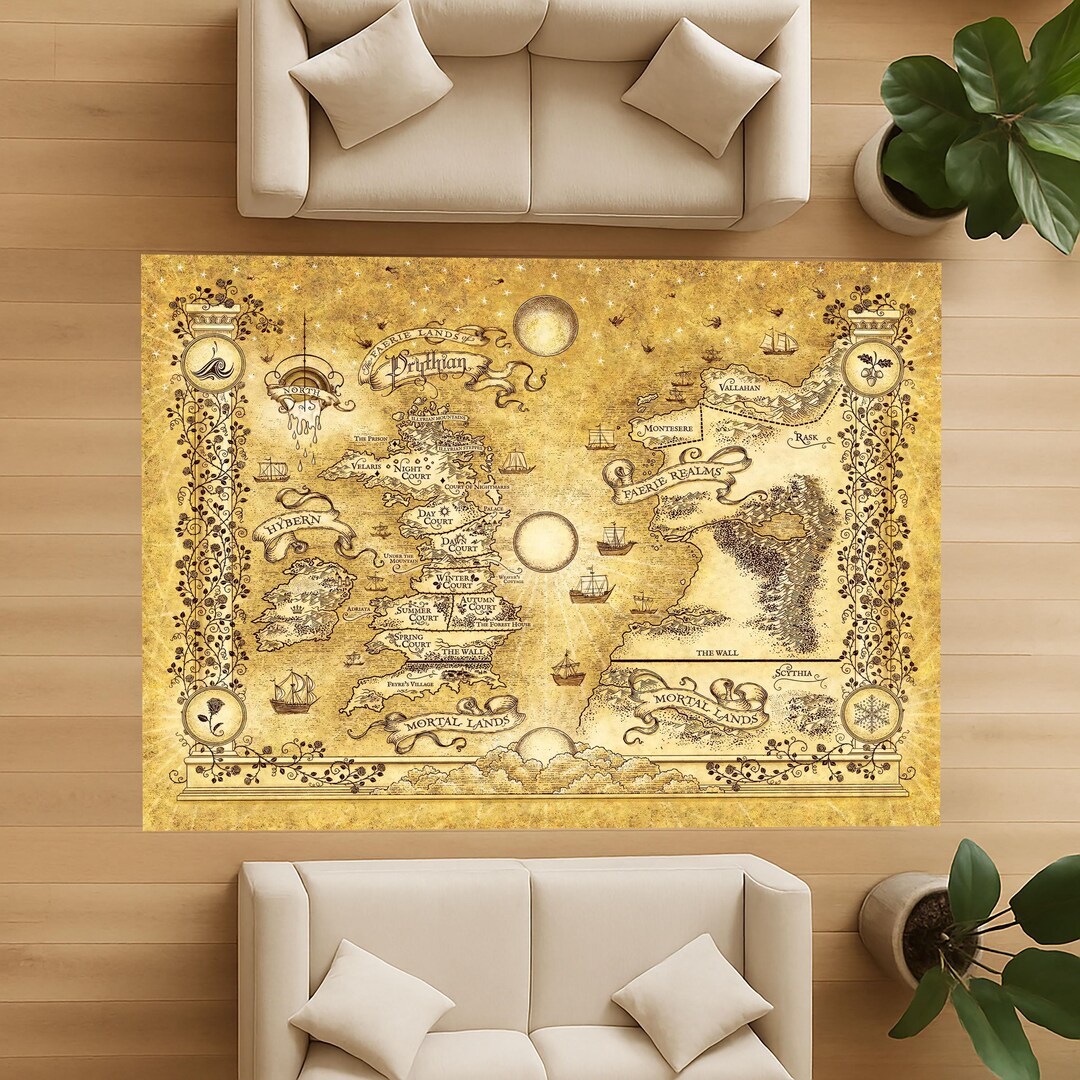 Prythian Map Rug, Golden Fantasy World Carpet, Artistic Adventure Decor ...