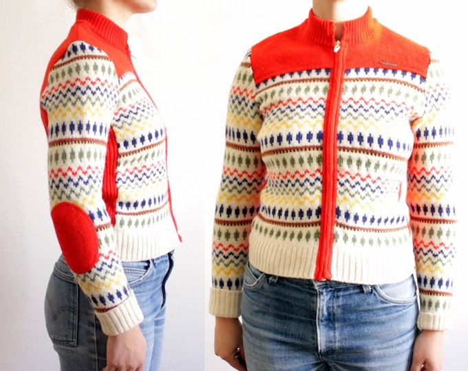 Vintage Wool Colorful With Elbow Patches Zip up Sweater xs, S - Etsy