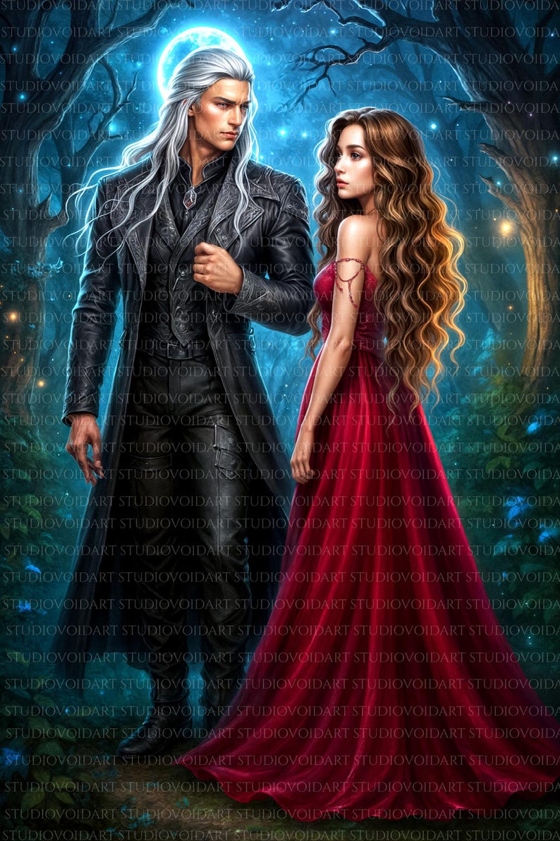 Premade Romantasy Book Cover, Moonlit Lovers in Forest, Fantasy Couple ...