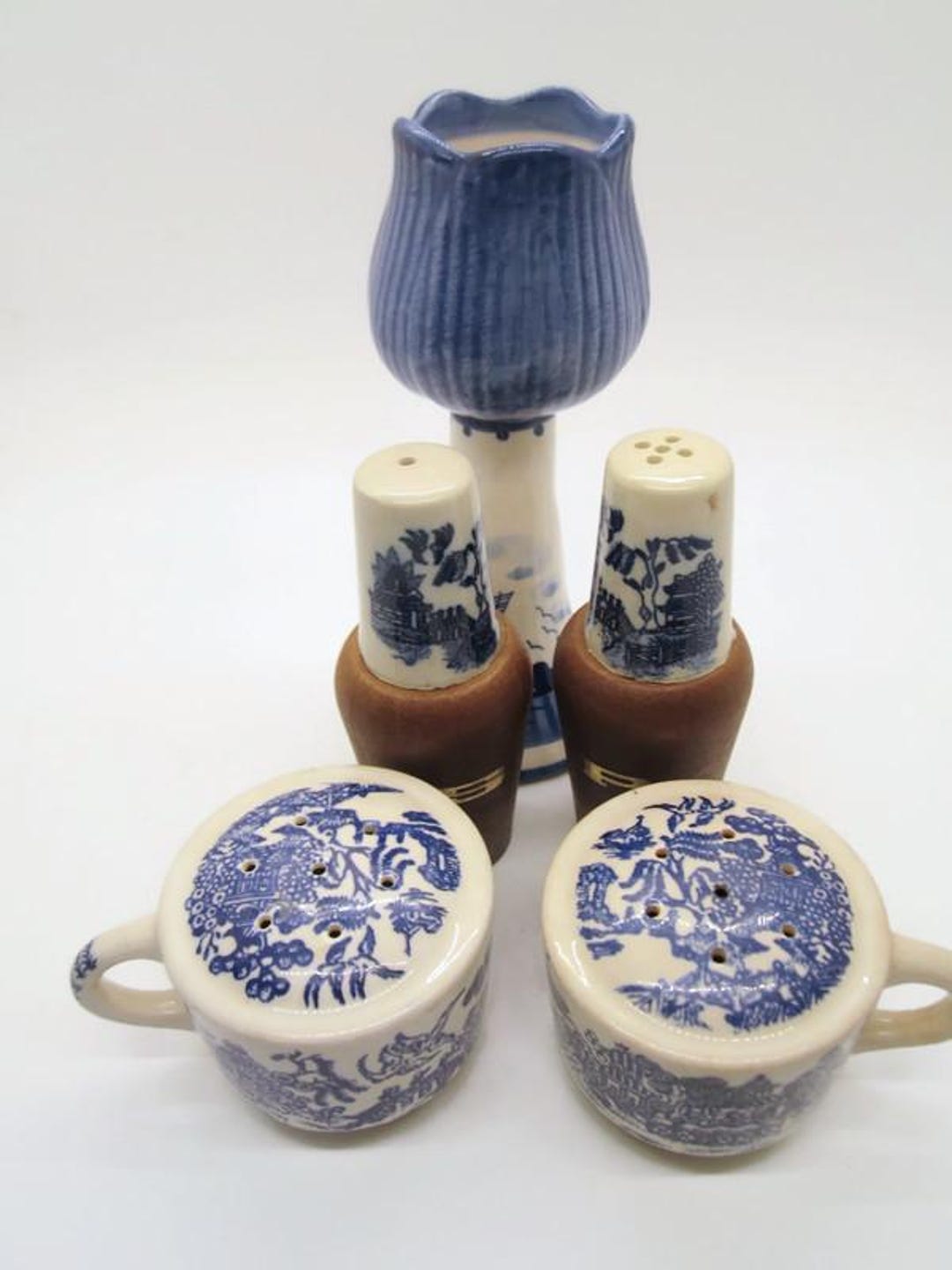 Vintage Delph Blue Candlestick and Salt and Pepper Shakers, Three Piece ...