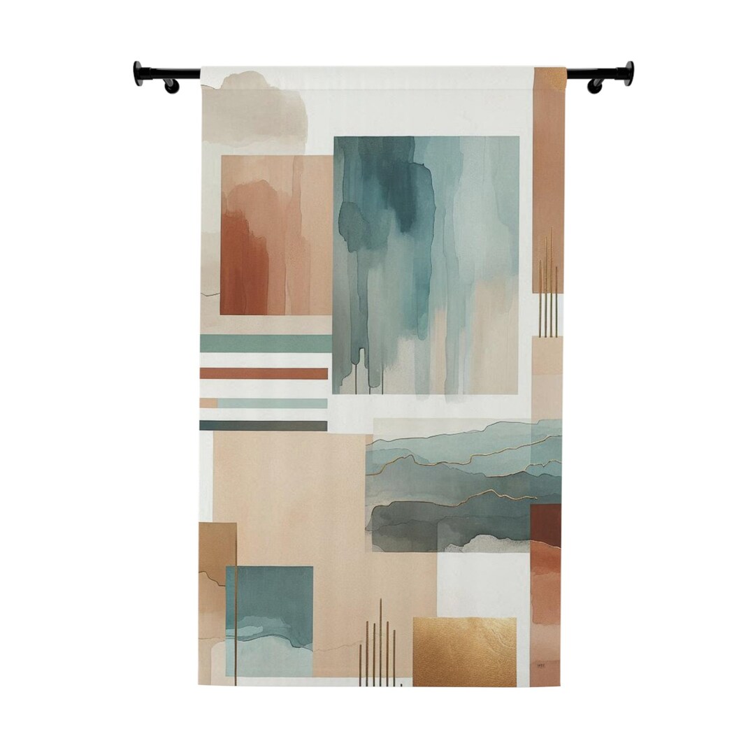 Watercolor Neutral Patchwork Line Art Window Curtains Home Decor ...