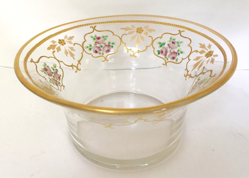 Hand Painted Roses and Gold Rimmed Glass Serving Bowl - Etsy