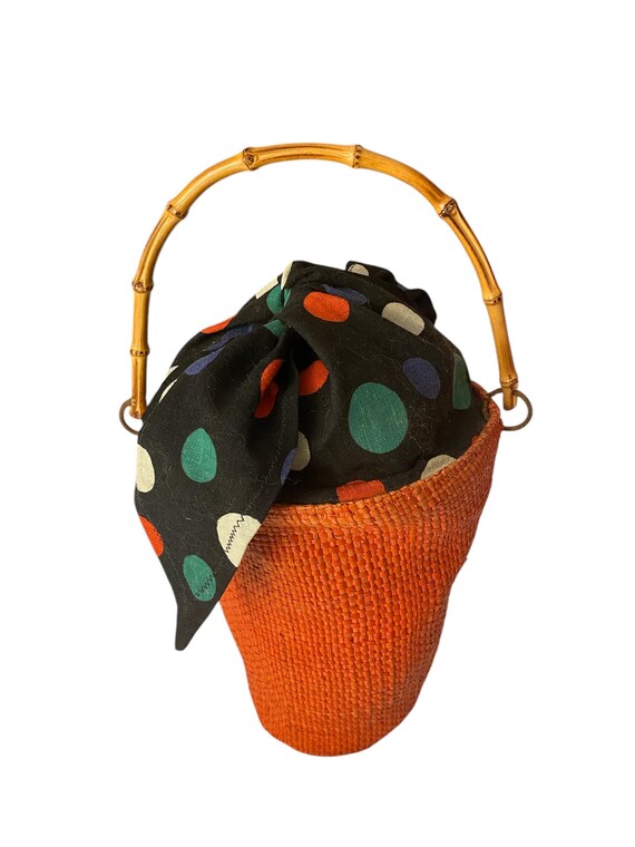 Vintage 1960s Orange Straw Basket Bucket Handbag with… - Gem