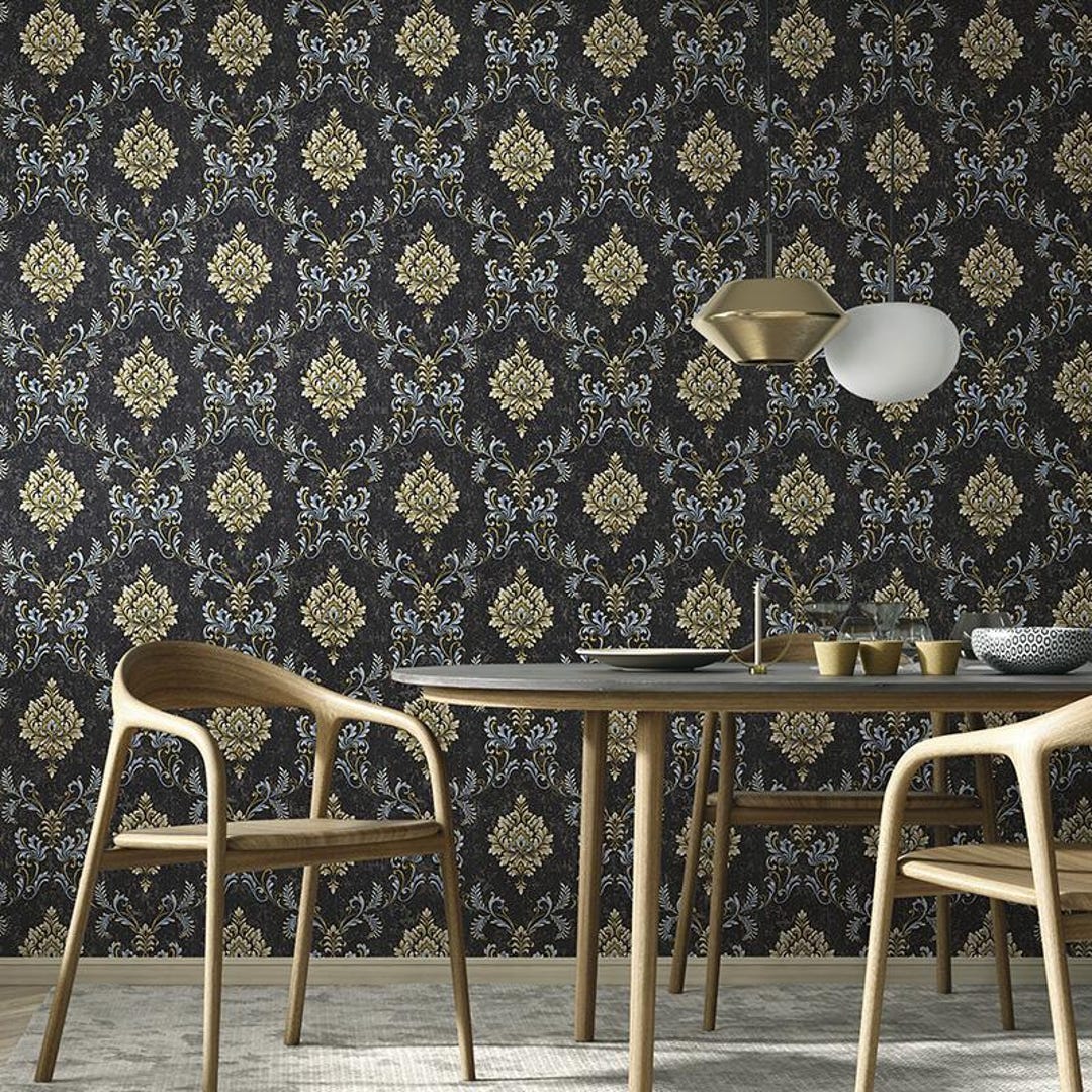 Textured Damask Black Dark Gold Wallpaper Modern Victorian Gold ...