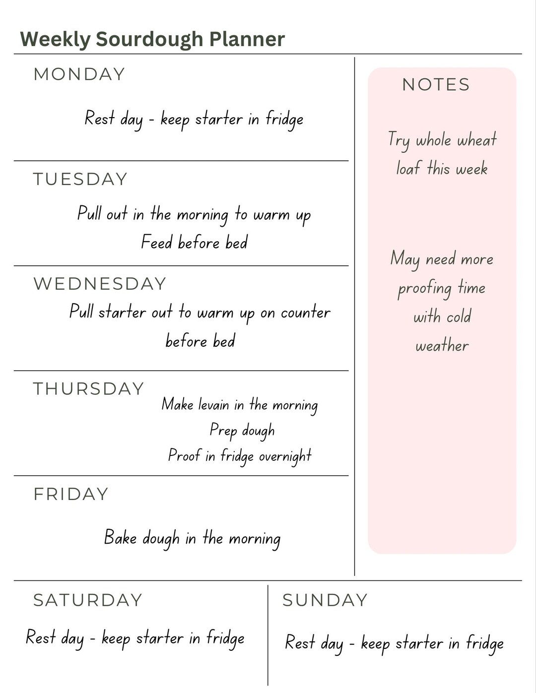 Sourdough Baking Planner - Starter Feeding Schedule - Downloadable ...