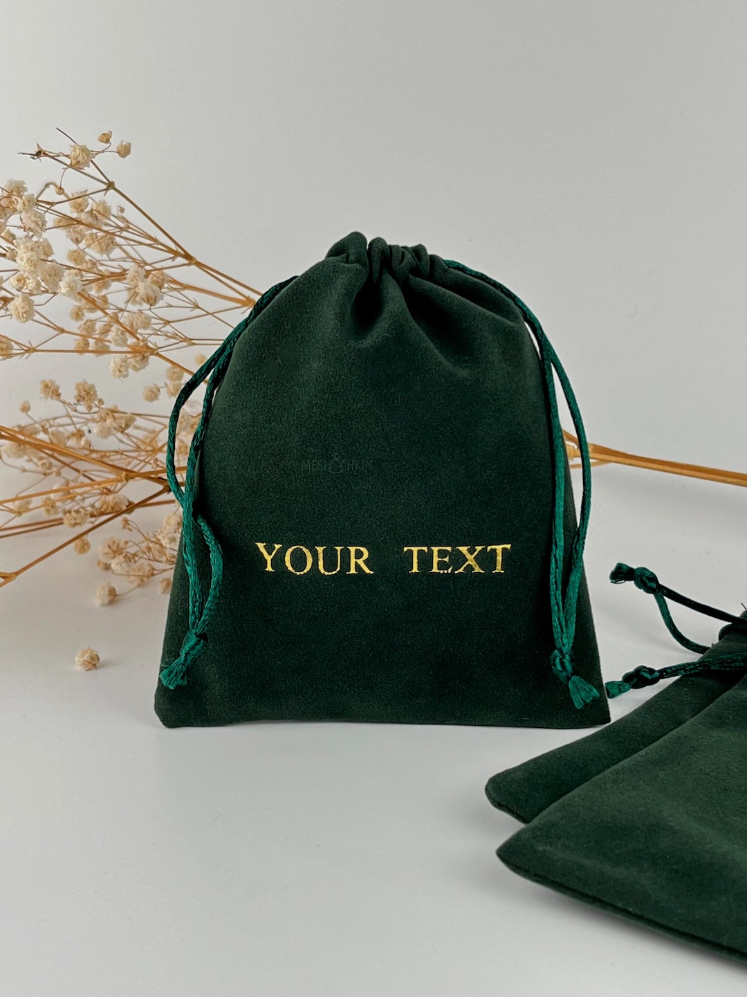 50 Pcs Custom Text Green Special Occasion Velvet Bags, Drawstring ...