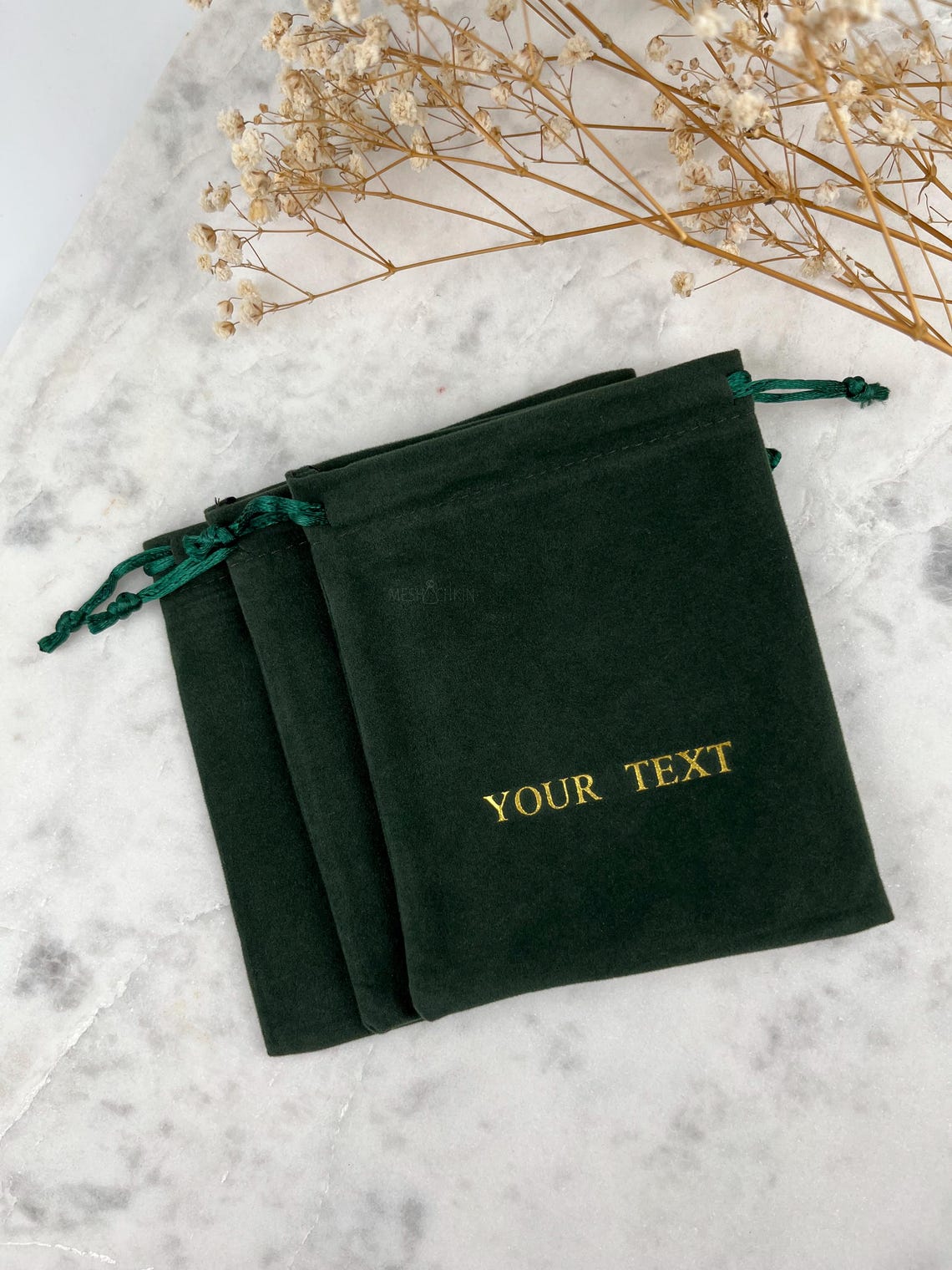 50 Green Velvet Drawstring Bags, Custom Text Logo, Jewelry Gift Pouches ...