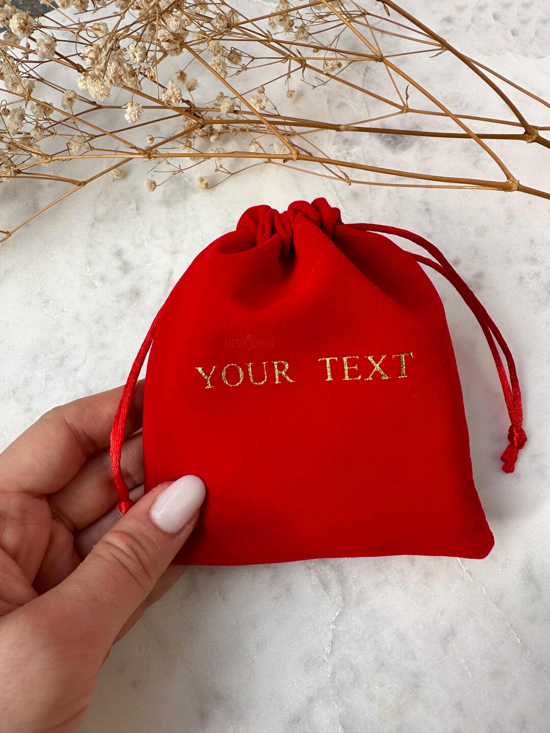 Red Velvet Drawstring Pouch: Custom Text Gift Bag - Etsy