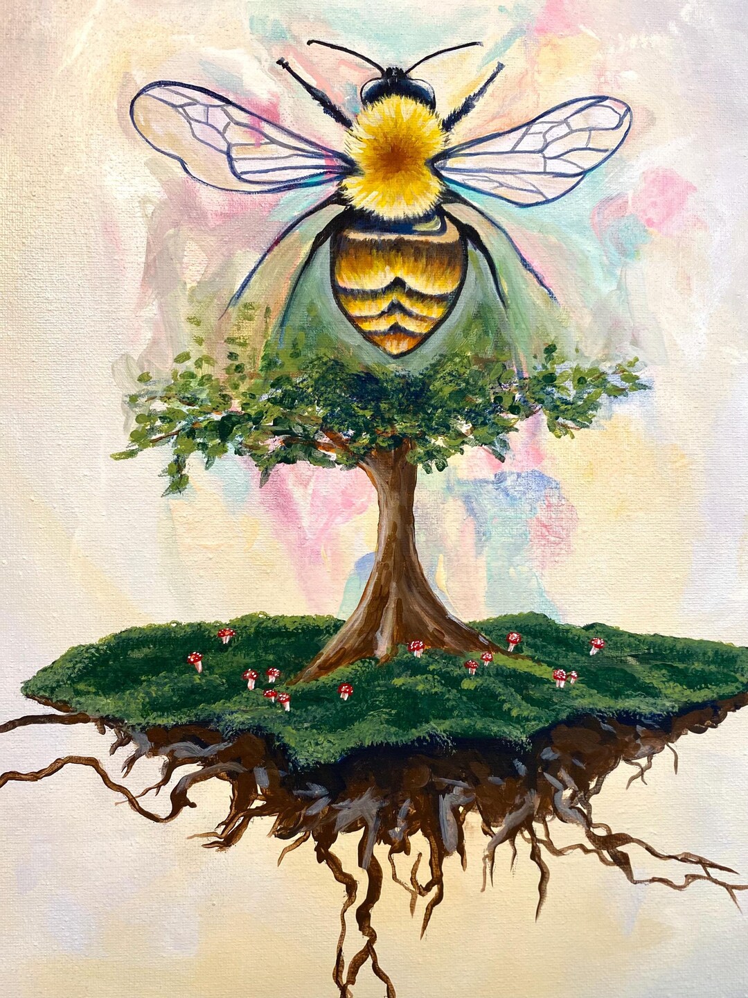 Honey Bee Tree Mushrooms Artwork, Bee of Life Original Painting, Bee ...