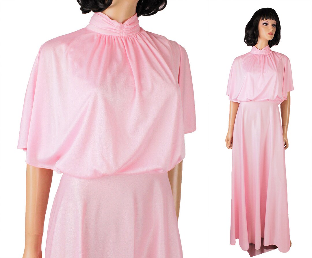 Disco Goddess Dress Sz S Vintage 70s Long Maxi Light Pink Cape Gown ...