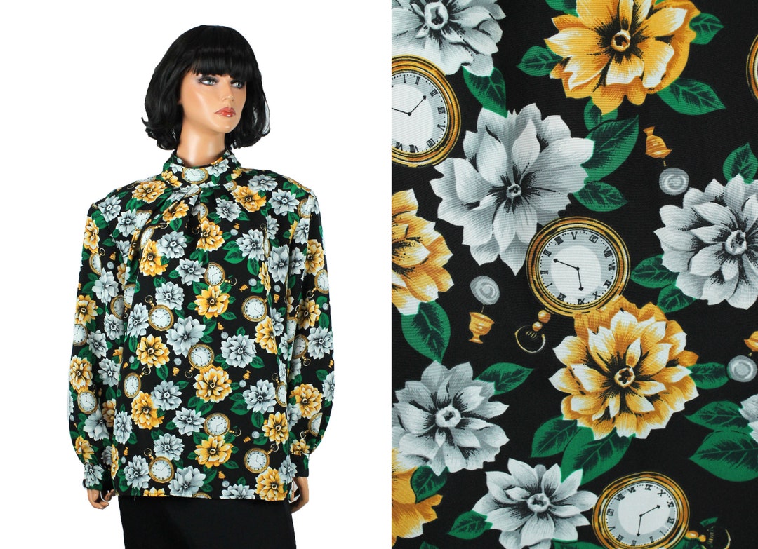 Turtleneck Blouse 20W XXL 2X Vintage Black Yellow Floral Clock Print ...