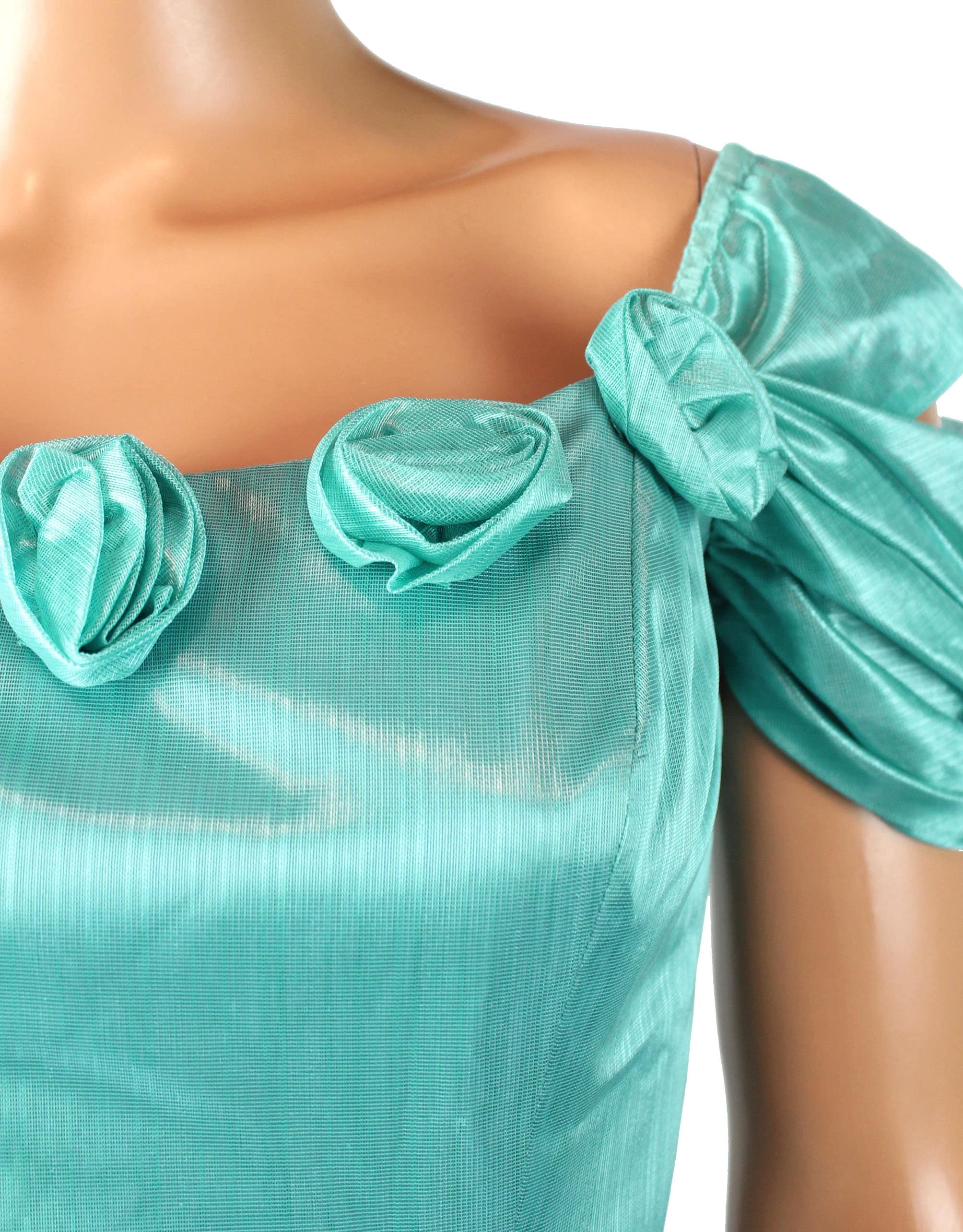 80s Prom Dress 5 XS Jrs S Vintage Long Shiny Aqua Blue Green Chiffon ...